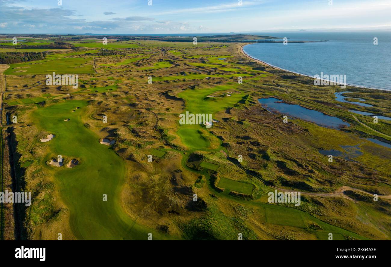 Aerial view from drone of Dumbarnie Links golf course in Fife, Scotland ...