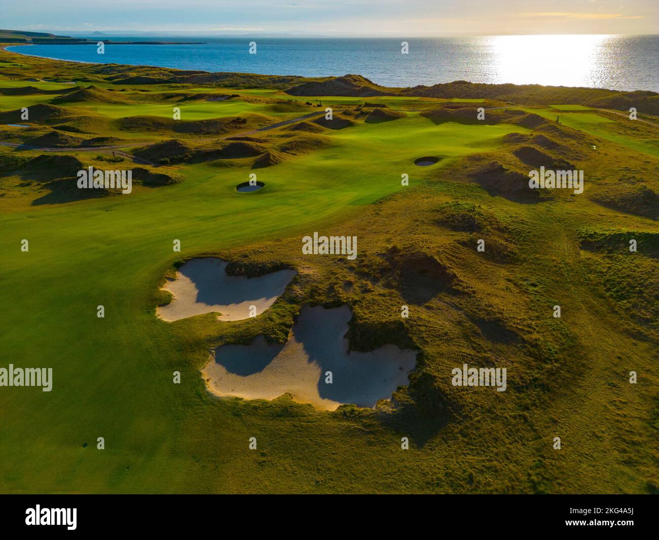 Aerial view from drone of Dumbarnie Links golf course in Fife, Scotland ...