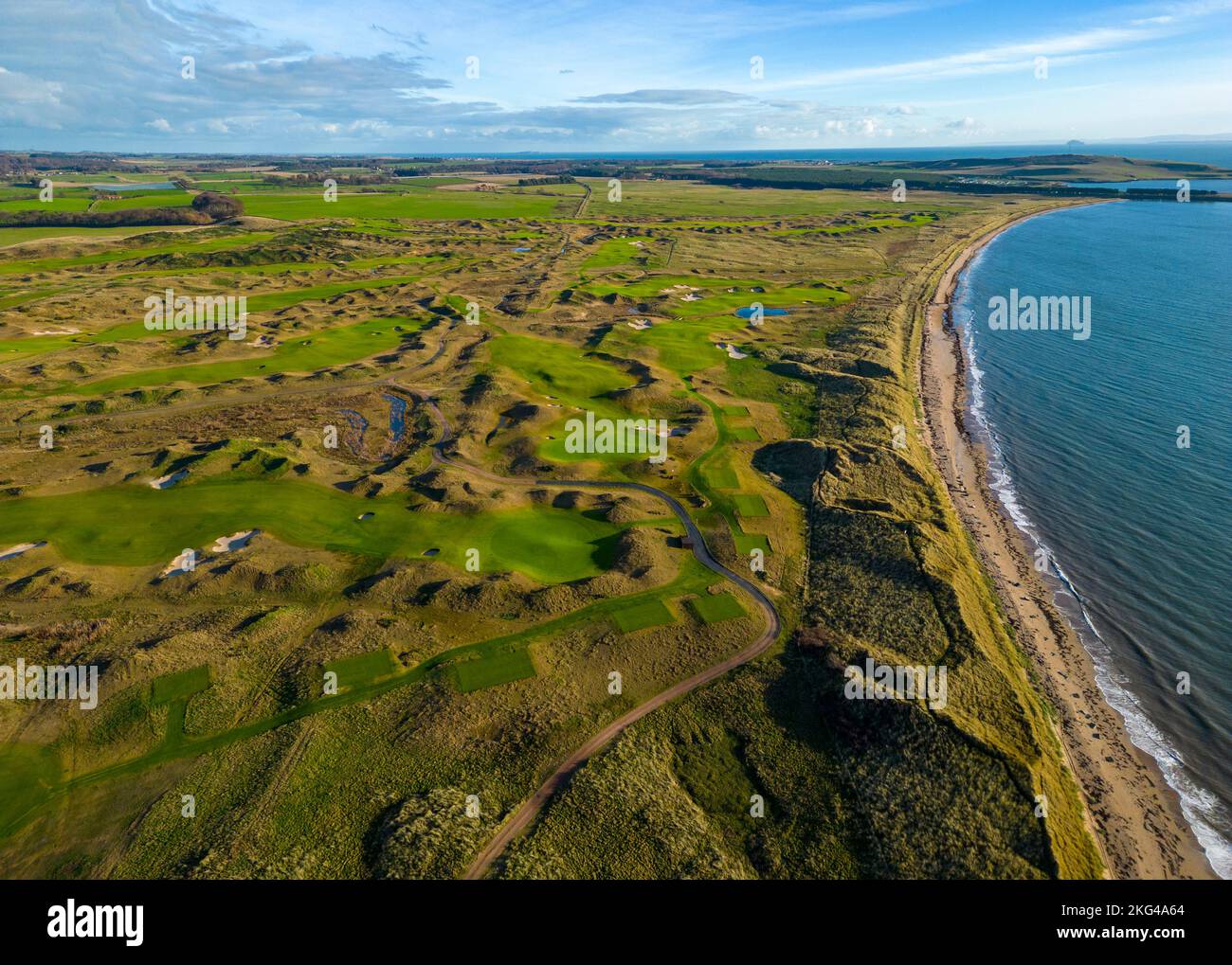 Aerial view from drone of Dumbarnie Links golf course in Fife, Scotland ...