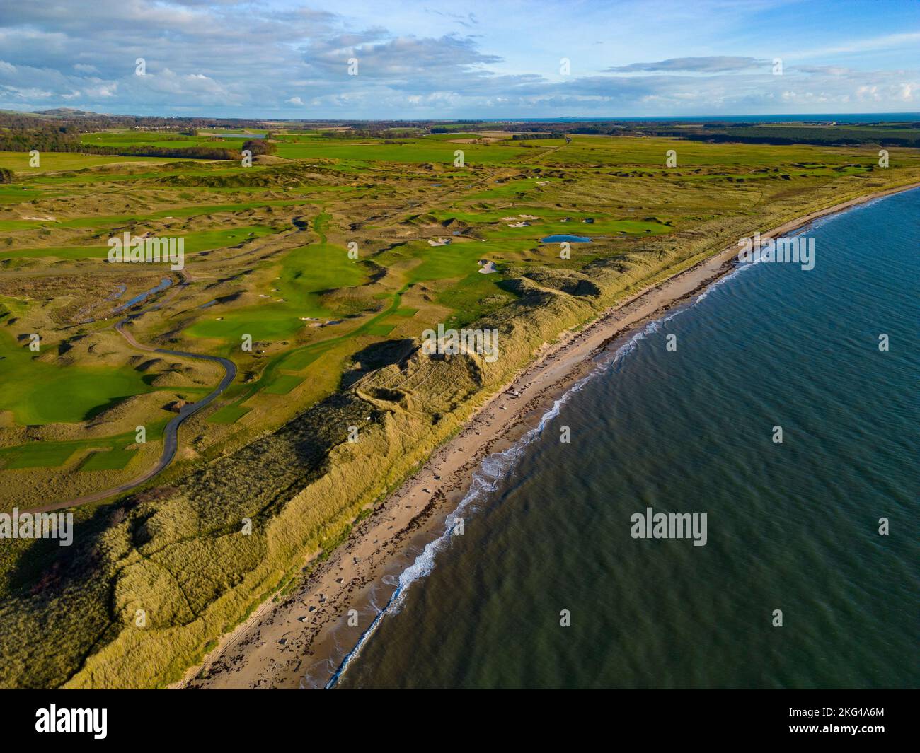 Aerial view from drone of Dumbarnie Links golf course in Fife, Scotland ...