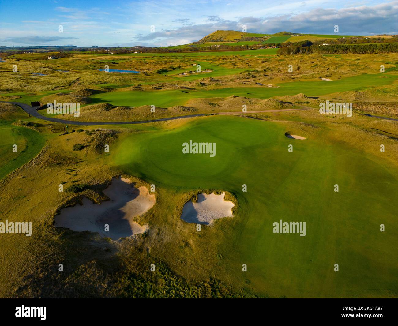 Aerial view from drone of Dumbarnie Links golf course in Fife, Scotland ...