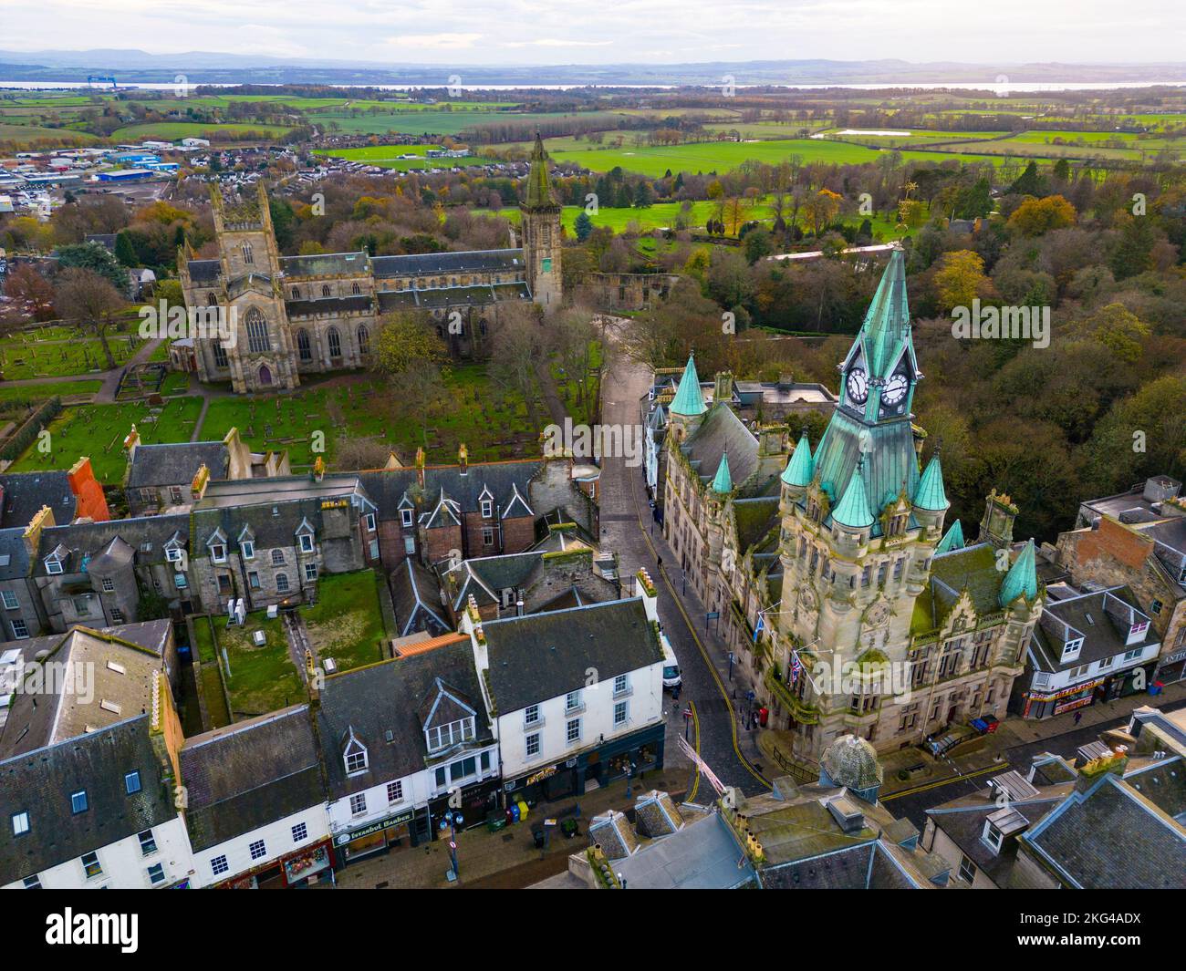 Aerial view of Town Hall on Kirkgate and Dunfermline Abbey in city of ...