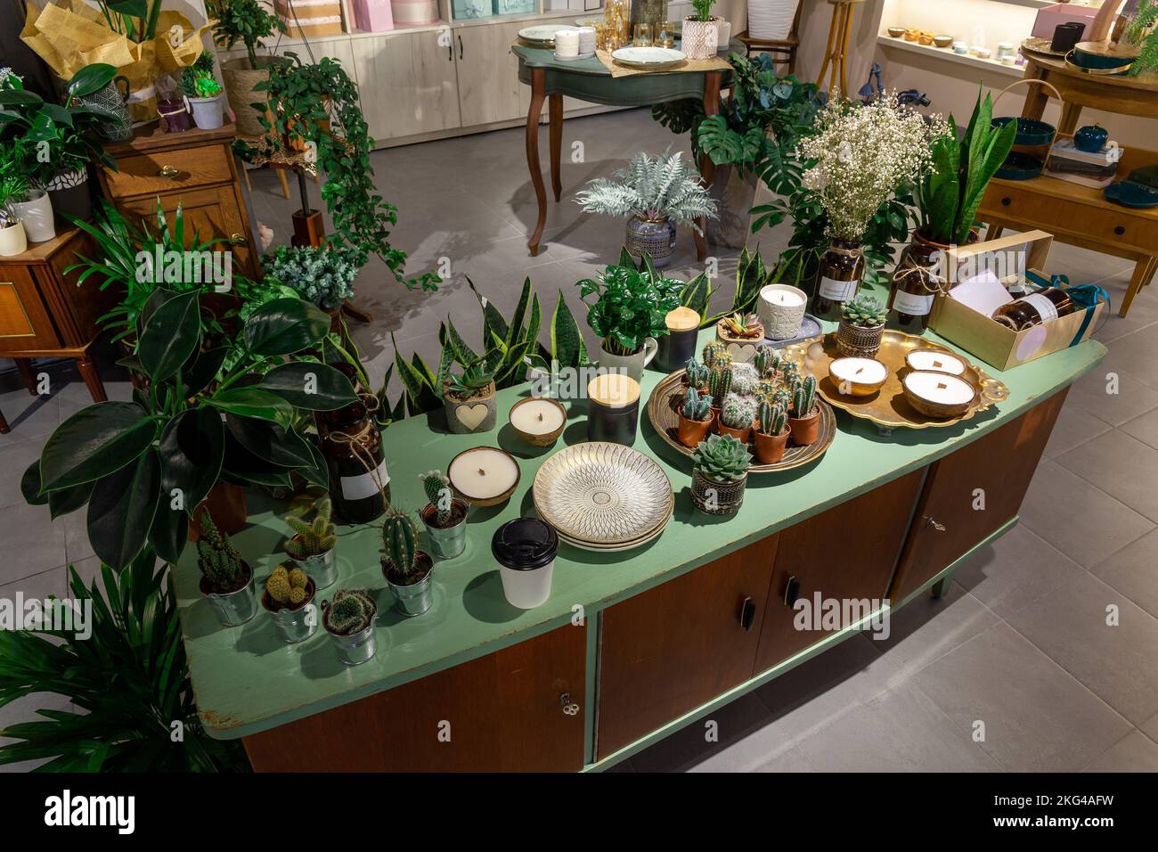 Small business. Flower shop interior. Floral design studio, decorations ...