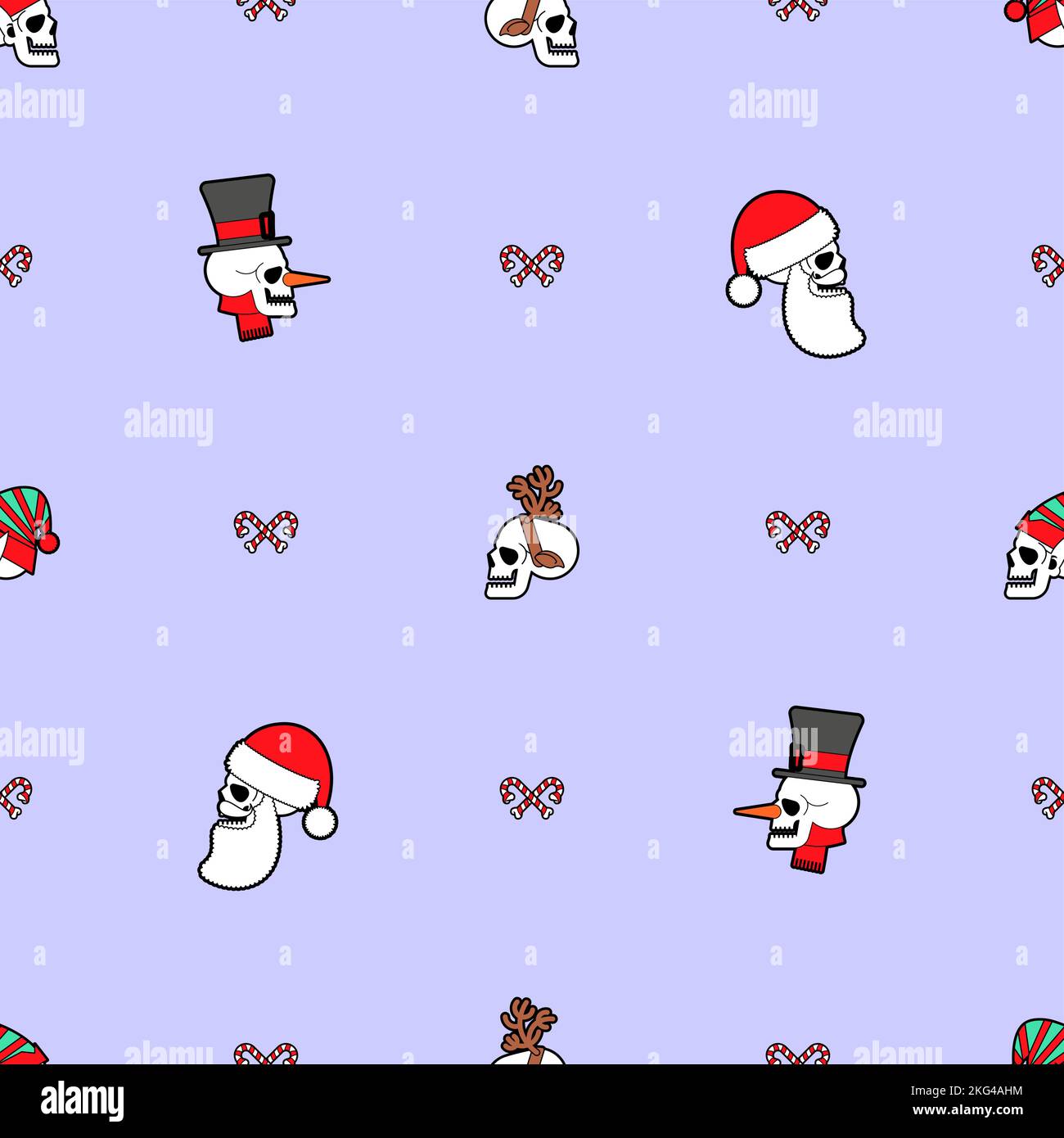 Christmas skulls pattern seamless. Skeleton head of Santa and his ...
