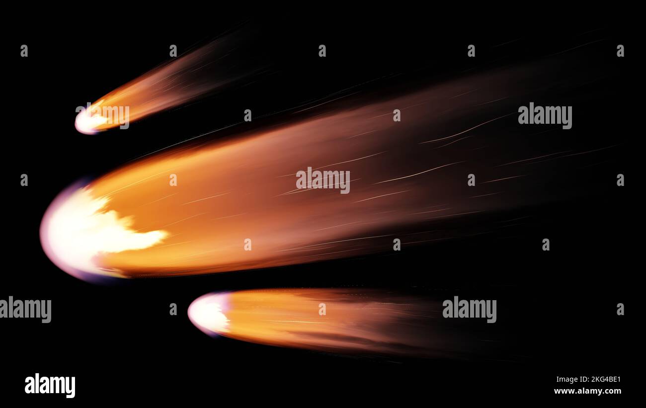 Fall comet from space, fiery tail falling meteorite. Entry of an ...