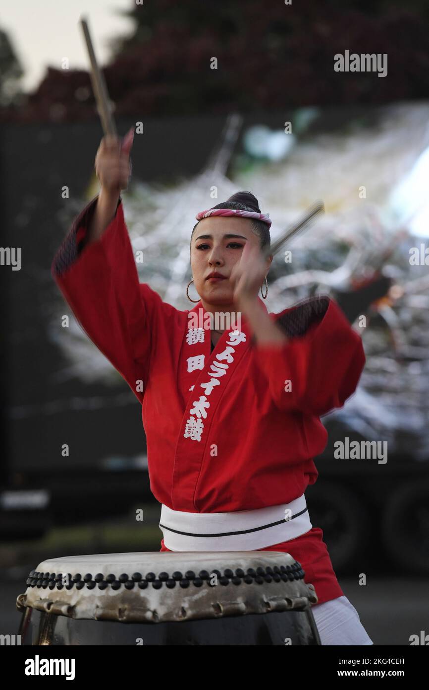 Asami Iwata, Samurai Taiko Drum Team member, performs during a Trunk or Treat Halloween event at ...