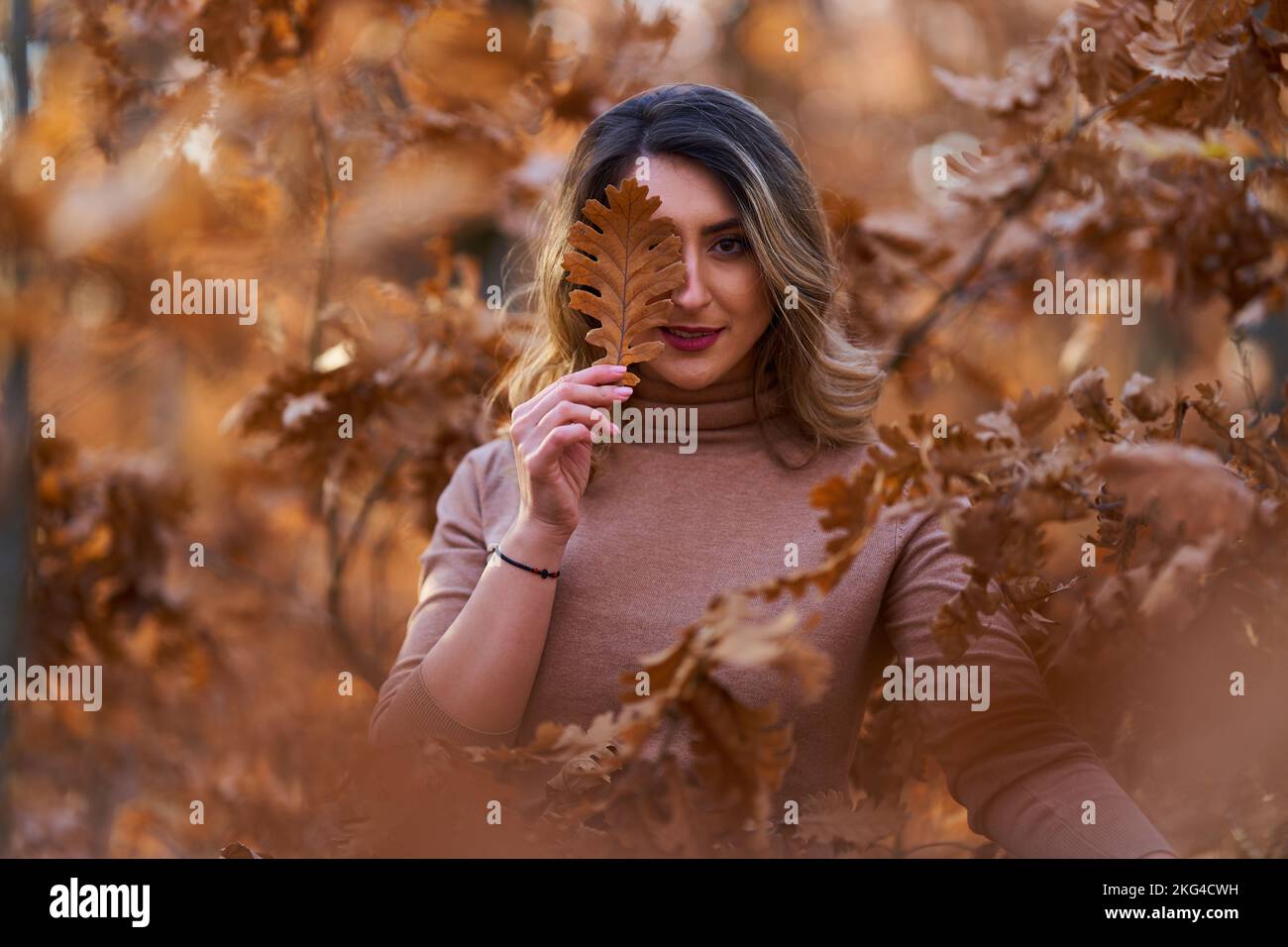 Plus size beautiful woman in an oak forest in the late autumn Stock ...