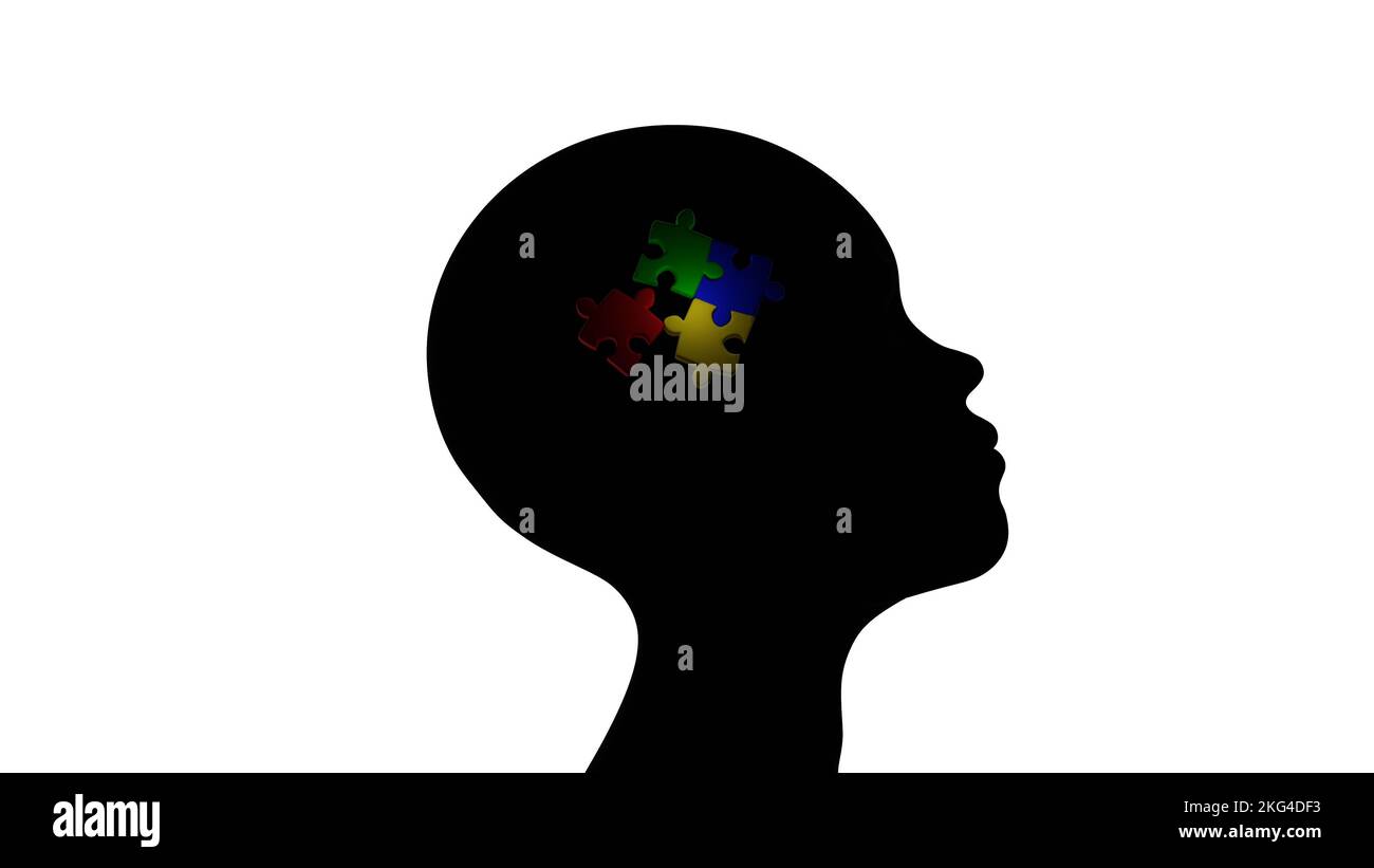 Child boy head profile silhouette with mosaic symbol of autism. A ...
