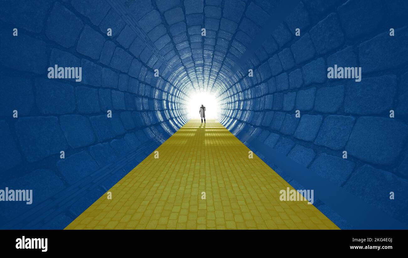 Concept or conceptual blue and yellow tunnel, the Ukrainian flag colors ...