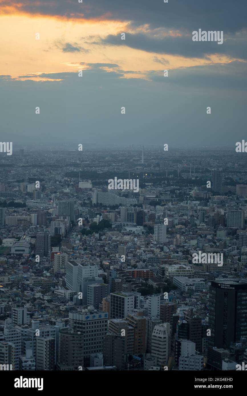 The morning sunrise over the cityscape view, vertical, aerial Stock ...