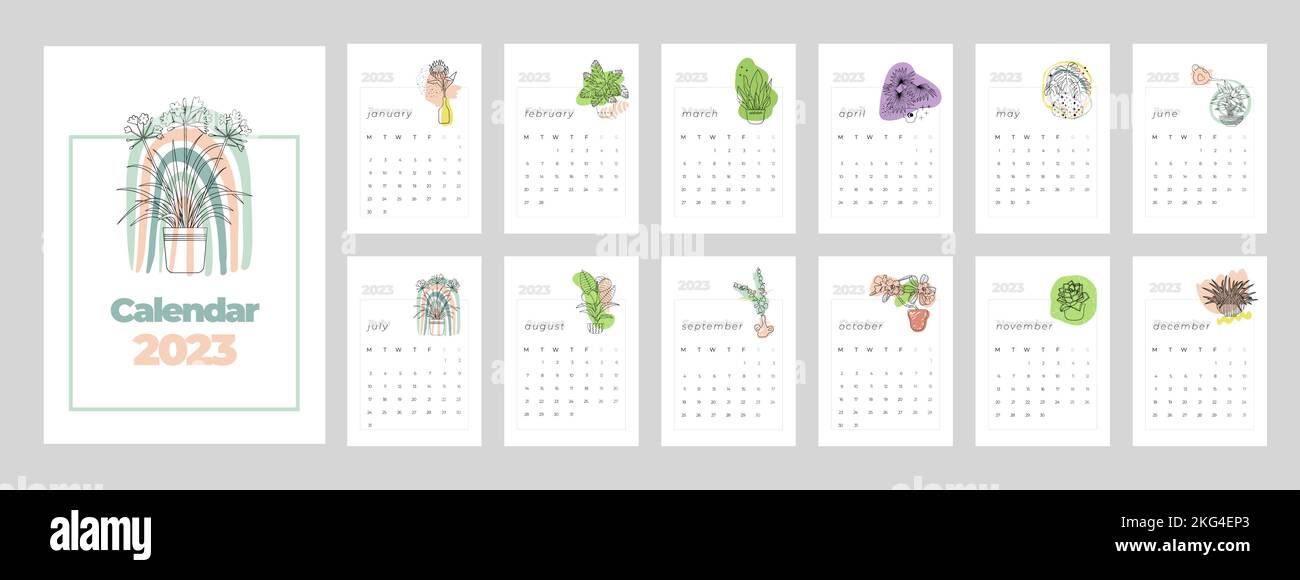 Boho floral calendar for 2023 year. Monthly calendar pages set ...