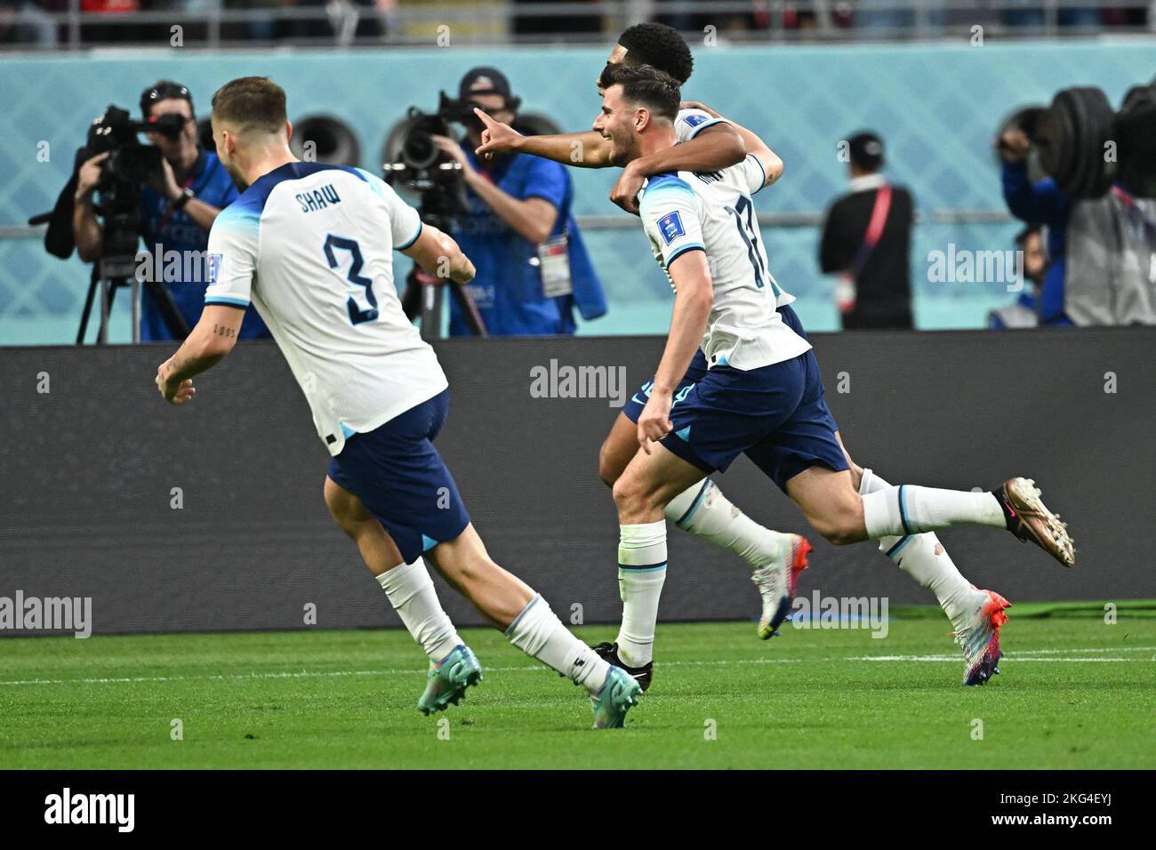 Luke Shaw, Mason Mount and Jude Bellingham of England during England vs ...