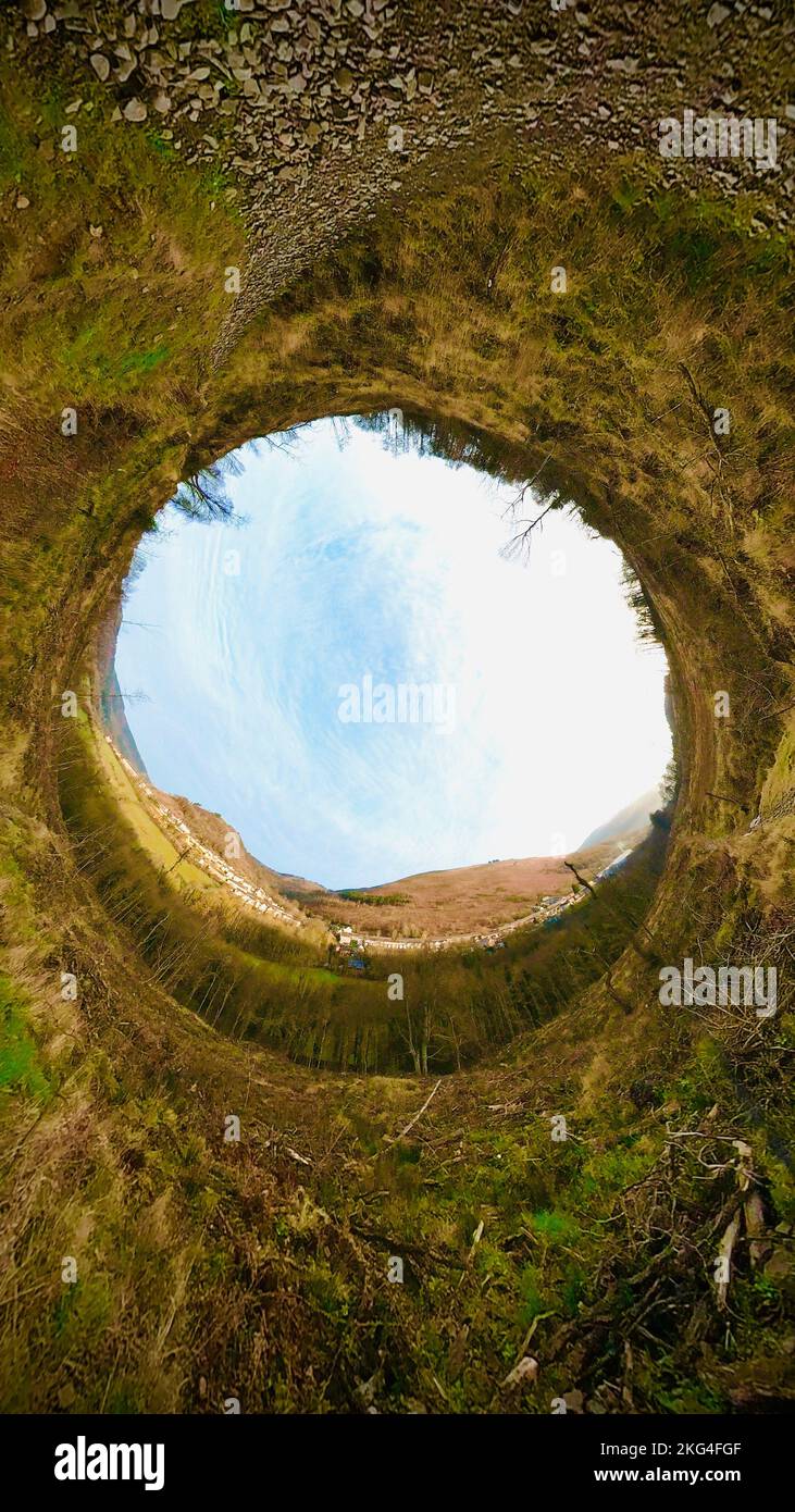 A vertical stereographic panoramic projection of a green field with ...