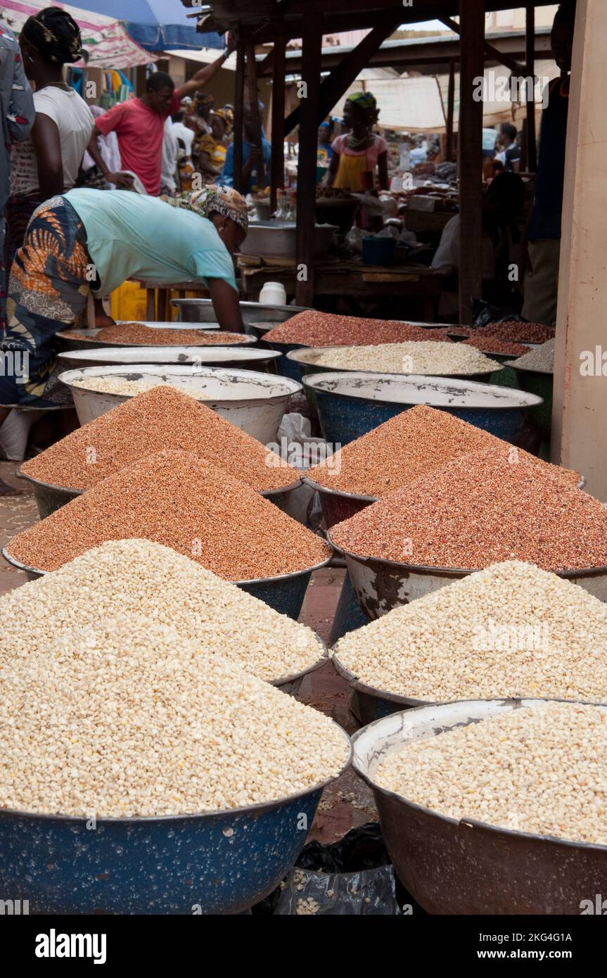 Rice and grains, Yara Market; Naititingou, Atacora, Benin Stock Photo ...