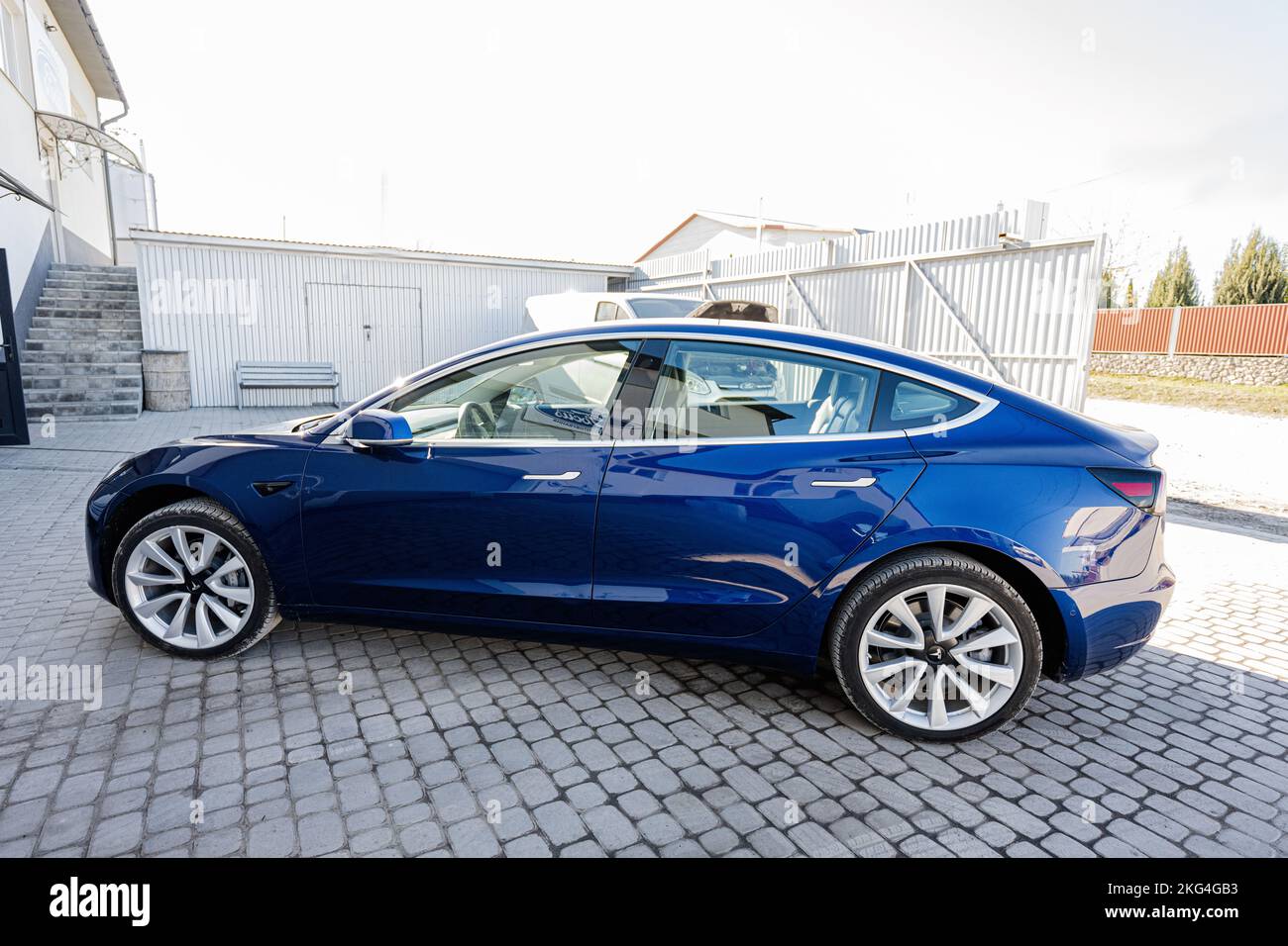 Lviv, Ukraine - October 09, 2022: Blue Tesla Model 3 Long Range Dual ...