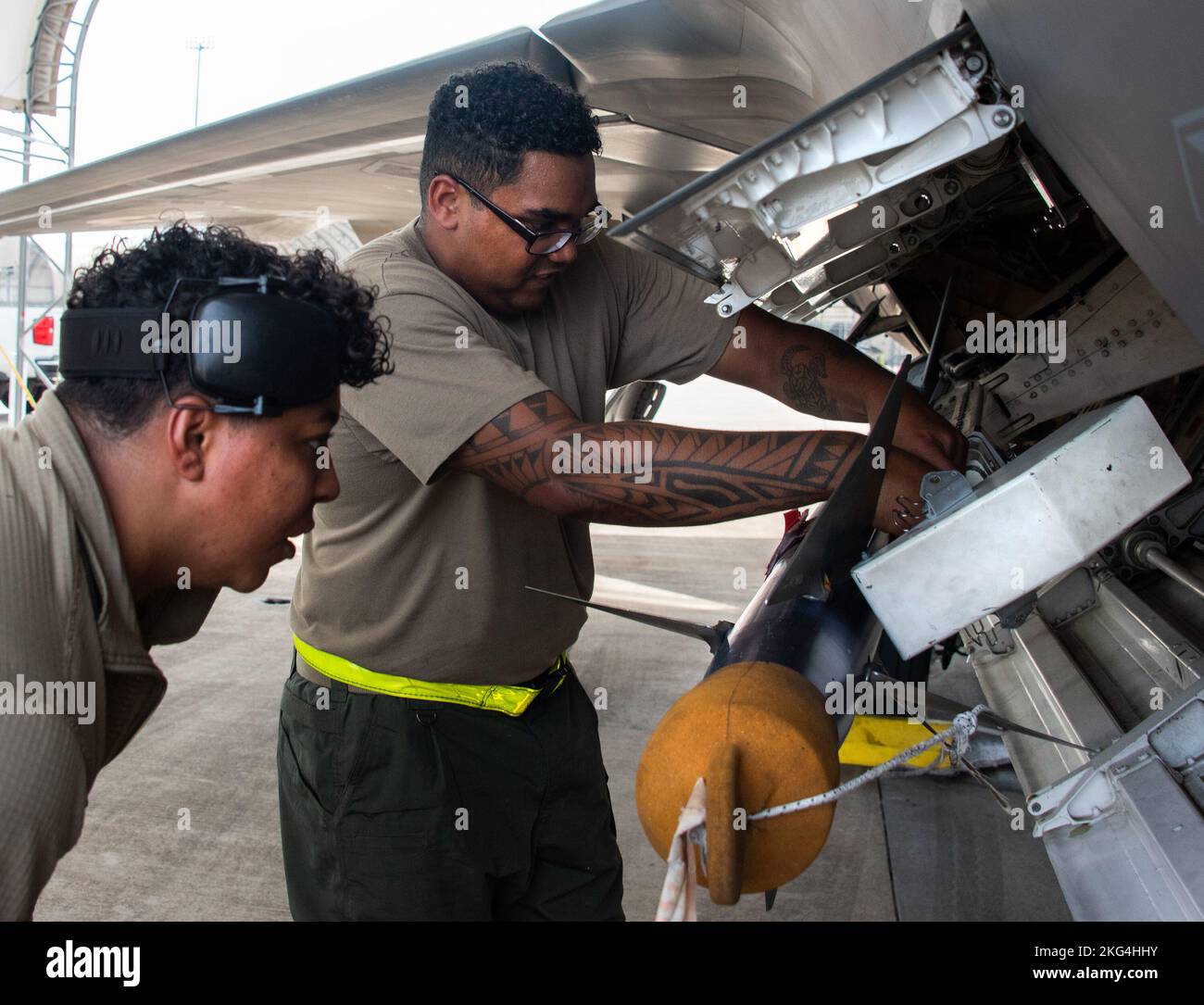 Senior Airman Damian Soto, 43rd Fighter Generation Squadron, ensures an ...