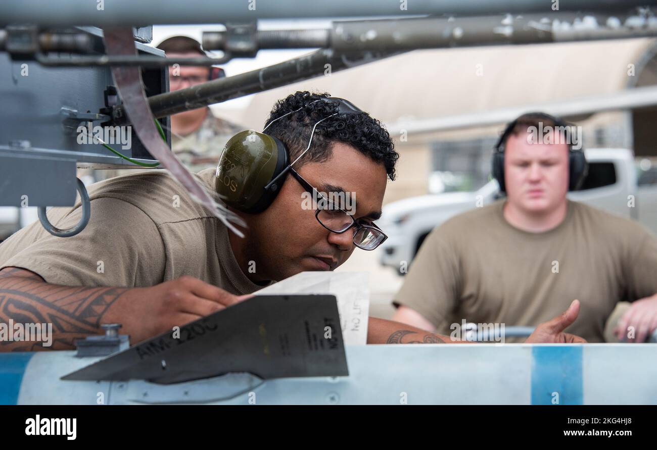 Senior Airman Damian Soto, 43rd Fighter Generation Squadron, directs ...
