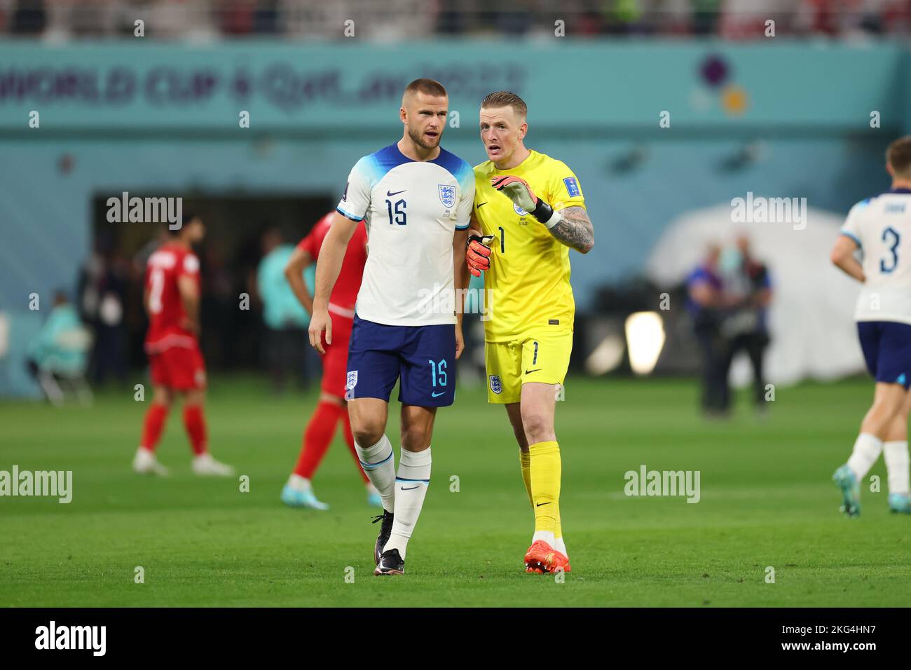 Al Rayyan, Qatar. 21st Nov, 2022. (L to R) Eric Dier, Jordan Pickford ...