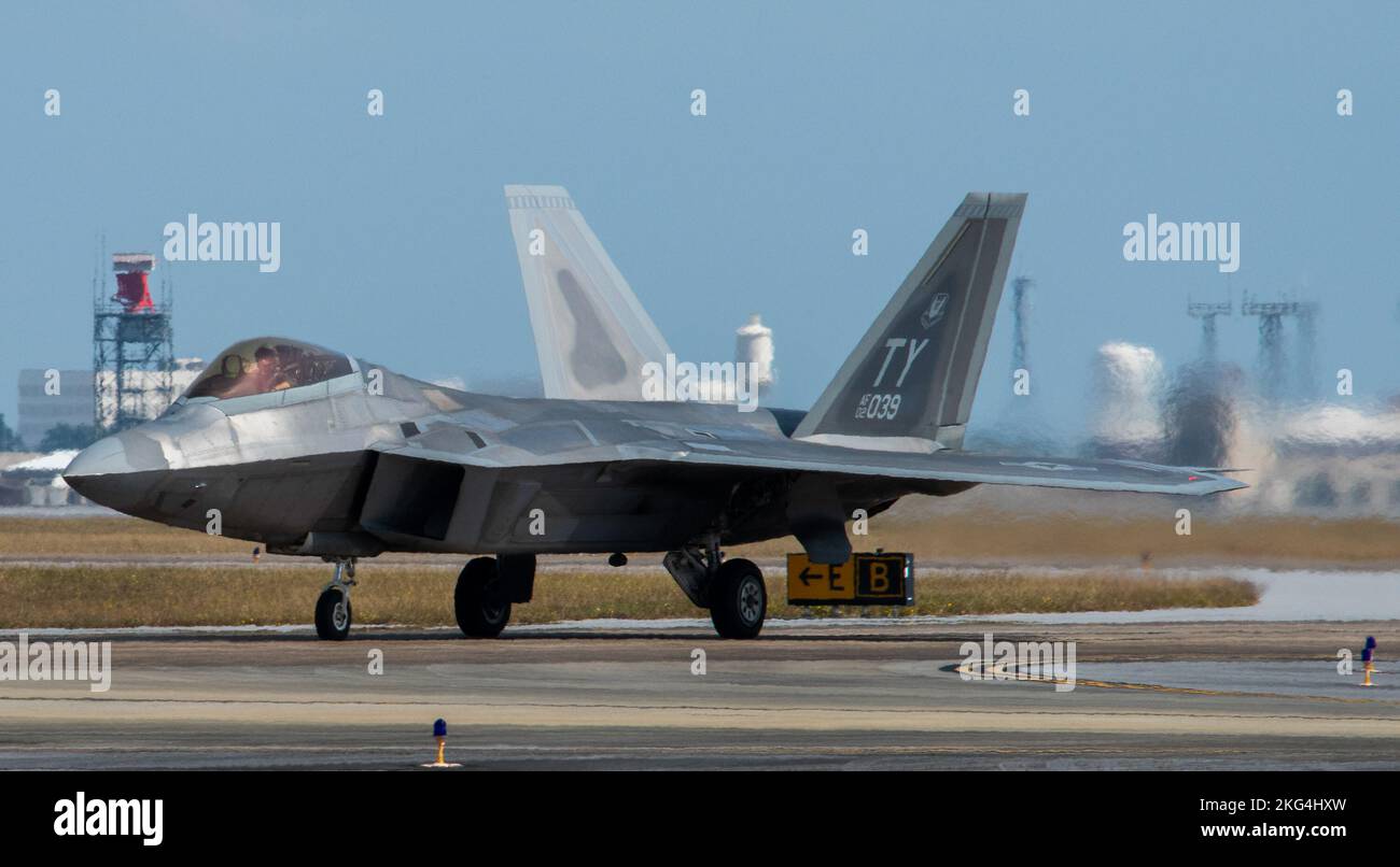 A 325th Fighter Wing F-22A Raptor taxies back to its home after a ...