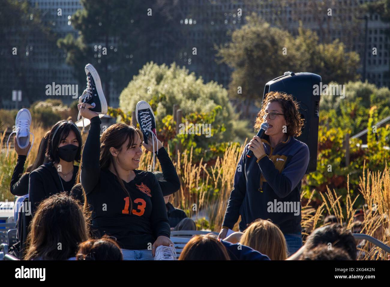 School assembly speaker with confidence in daylight outside Stock Photo ...