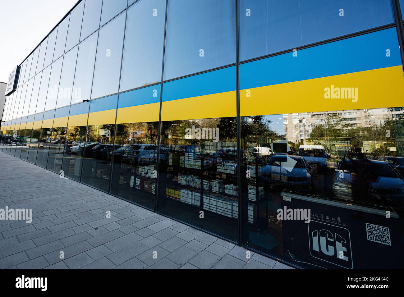 Lviv, Ukraine - October 09, 2022: Ukrainian flag on windows of store ...