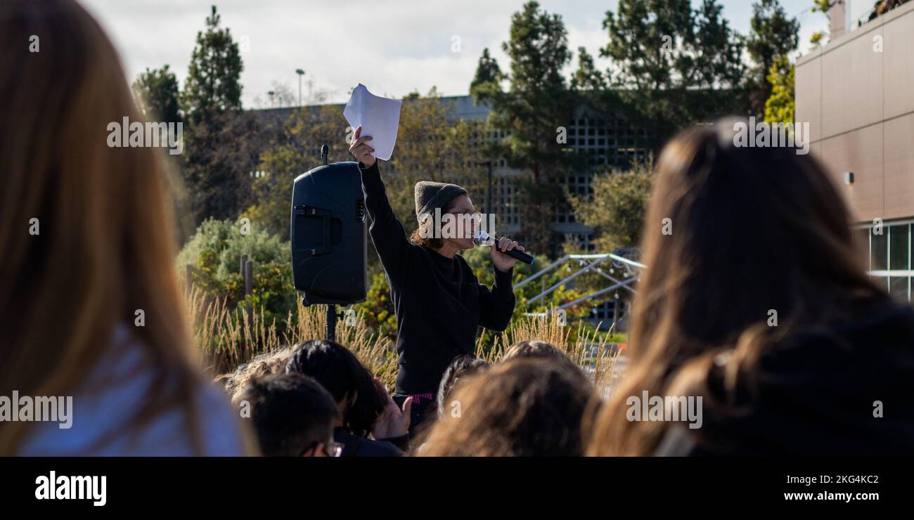 School assembly speaker with confidence in daylight outside Stock Photo ...