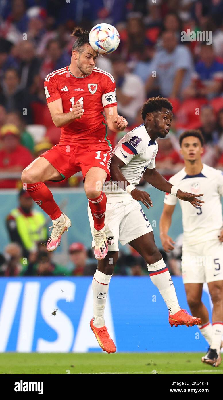 Al Rayyan, Qatar. 21st Nov, 2022. Gareth Bale of Wales out jumps Yunus ...