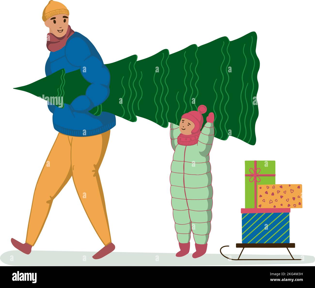 Merry young father and son walking carrying pine tree and sleigh with ...