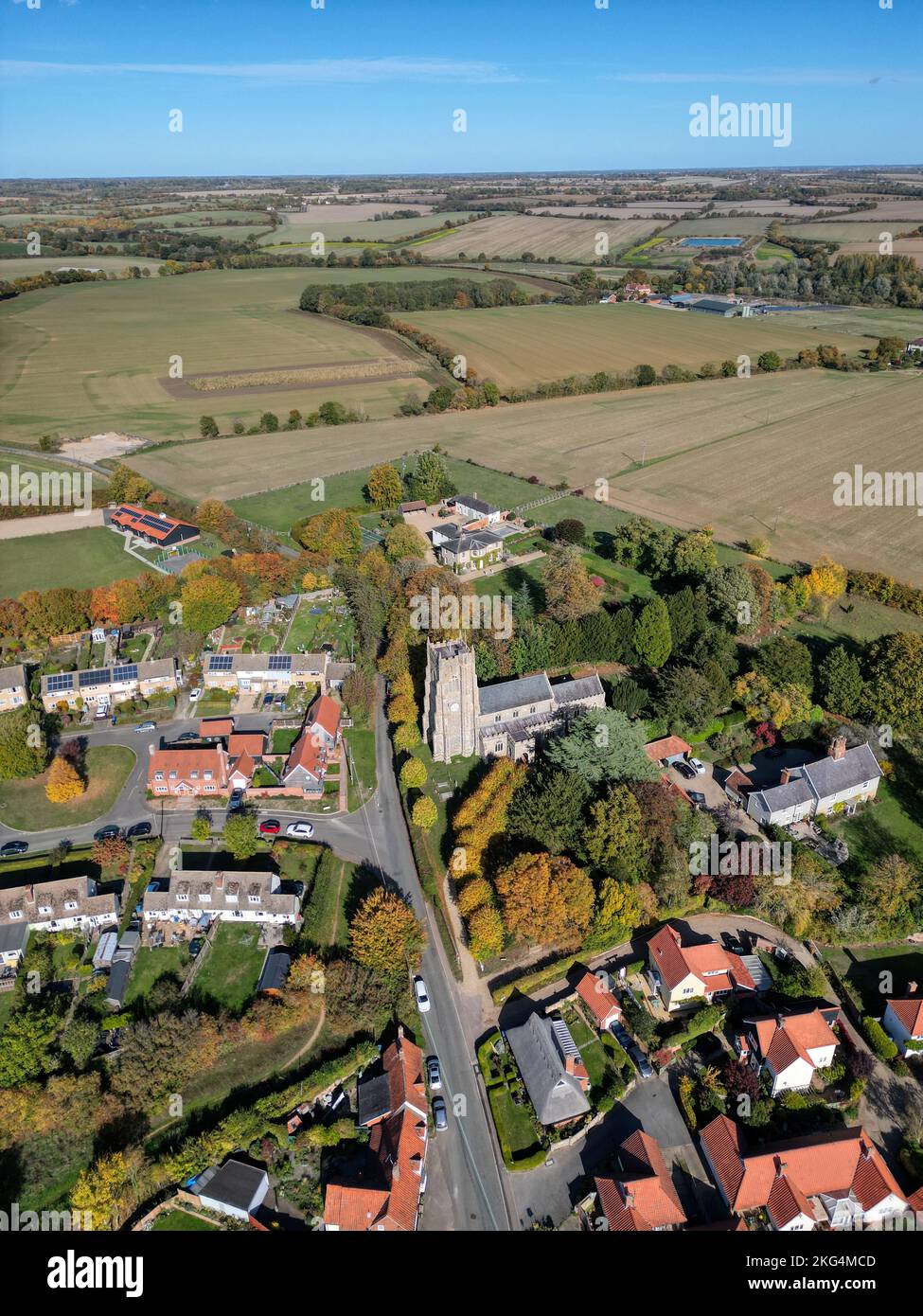 A vertical aerial view of Monks Eleigh village in Suffolk surrounded by ...