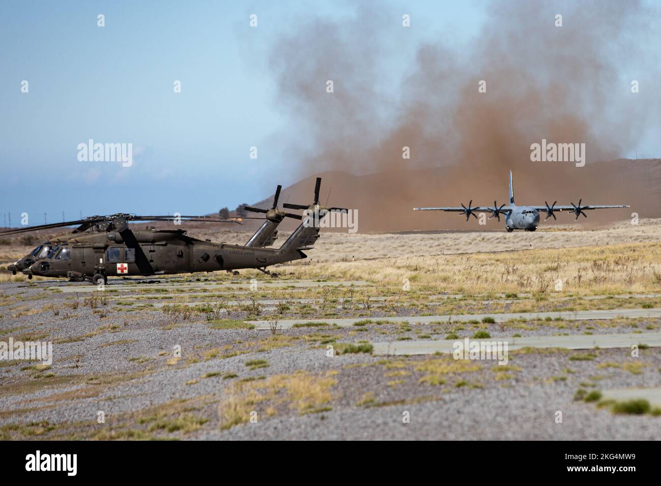 A U.S. Military C-130 prepares for takeoff at Pohakuloa Training ...