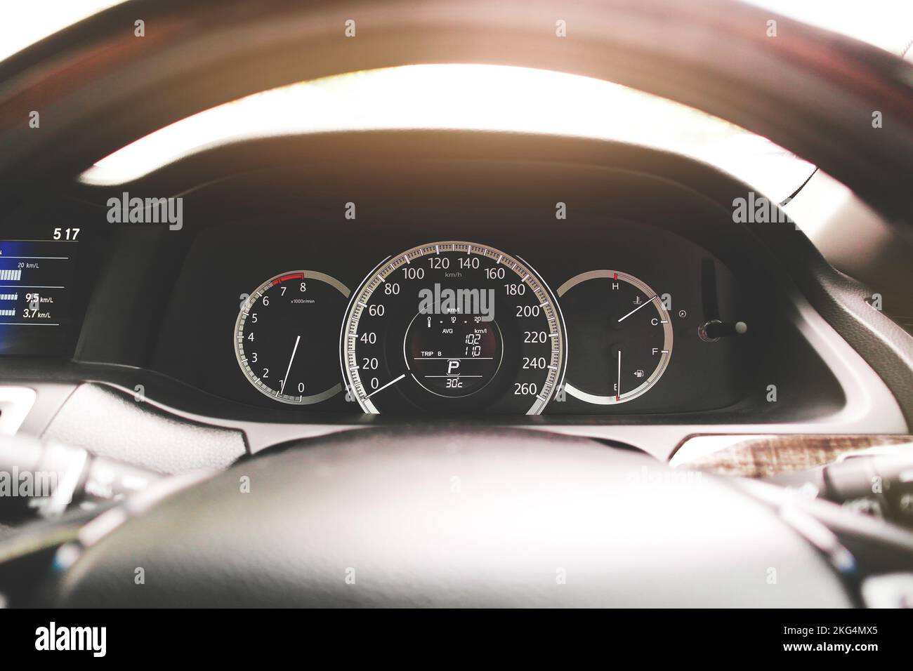 Car speedometer dashboard and tachometer of the car with steering wheel ...