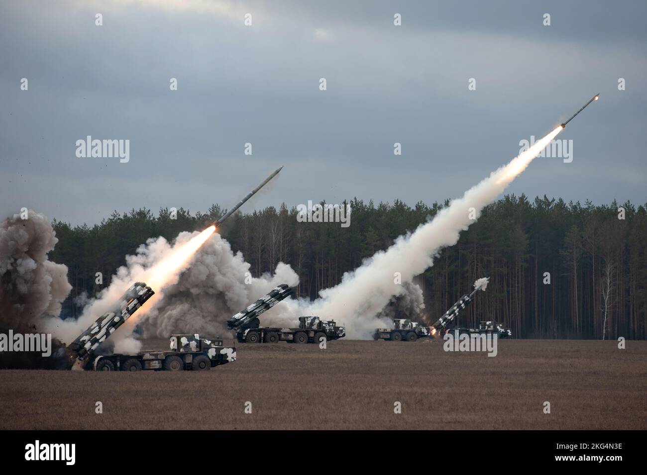 Launch of military missiles (rocket artillery) at the firing field ...