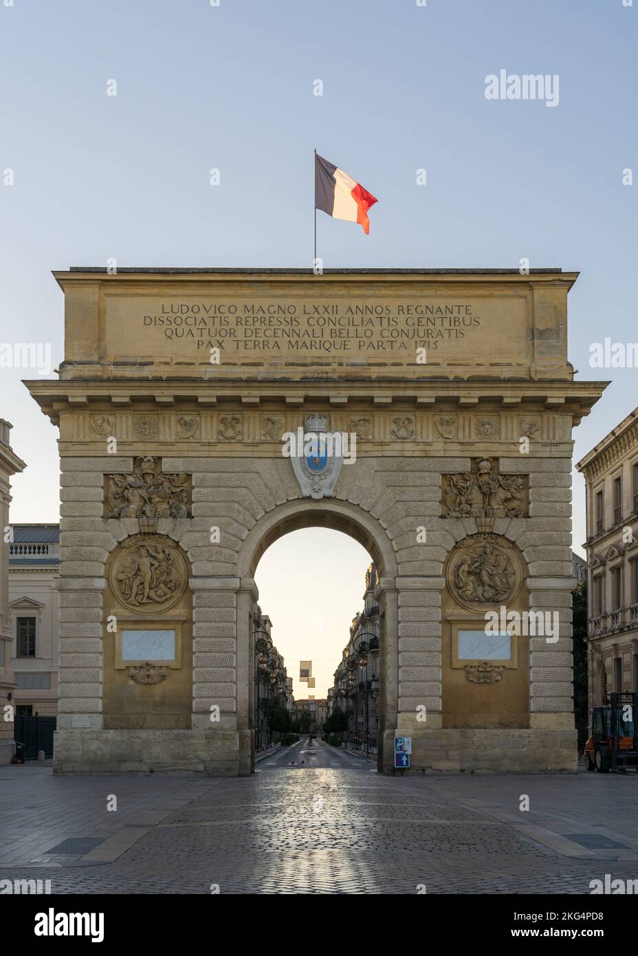 Early summer morning view of ancient Arc de Triomphe or triumphal arch ...