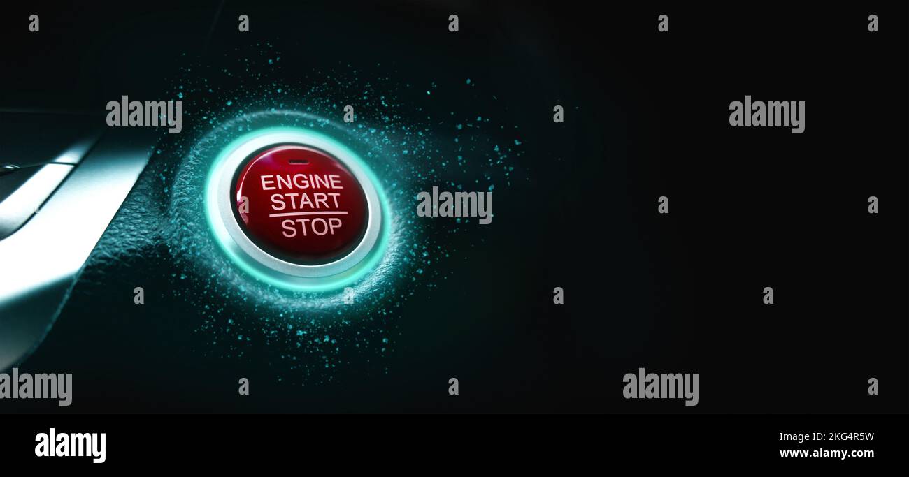 The electric car engine start stop button is illuminated by a blue ...