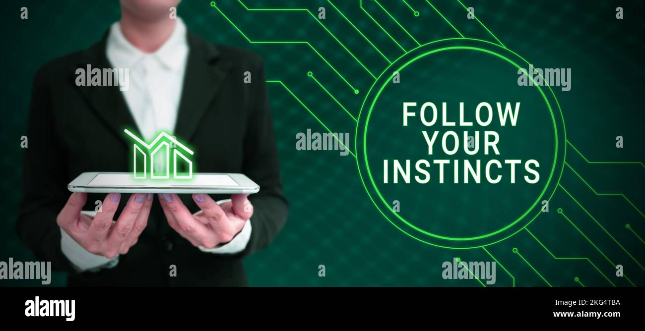 Text sign showing Follow Your Instincts. Business showcase listen to your intuition and listen ...