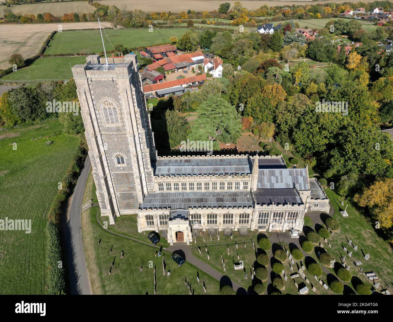 An aerial view of the Saint Peter and Saint Paul's Church in Lavenham ...