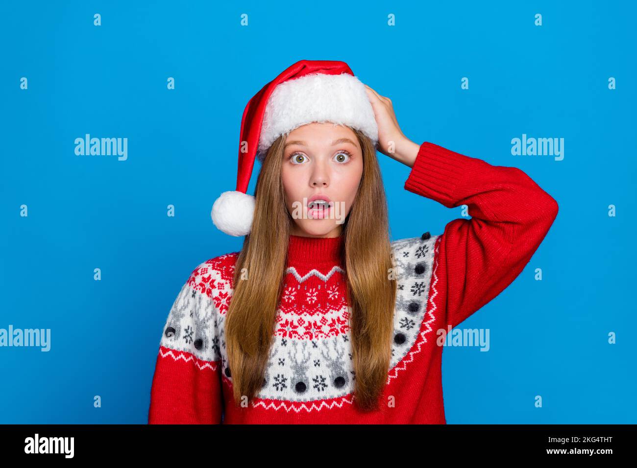 Photo of astonished afraid scared lady arm touch headwear impressed ...