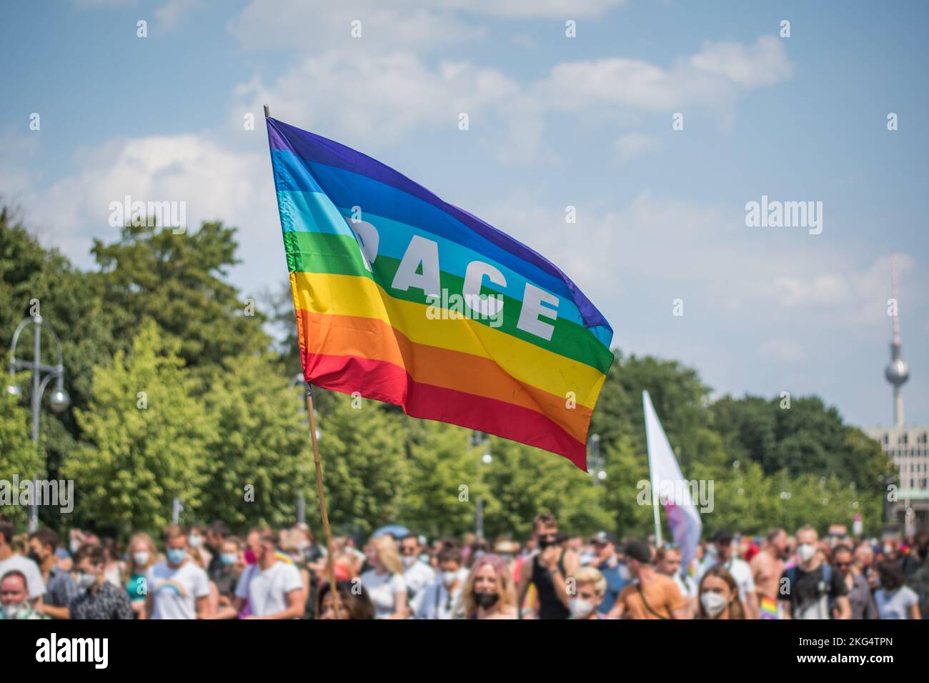 A peace flag at the Berlin Pride to celebrate the LGBTQ culture Stock ...