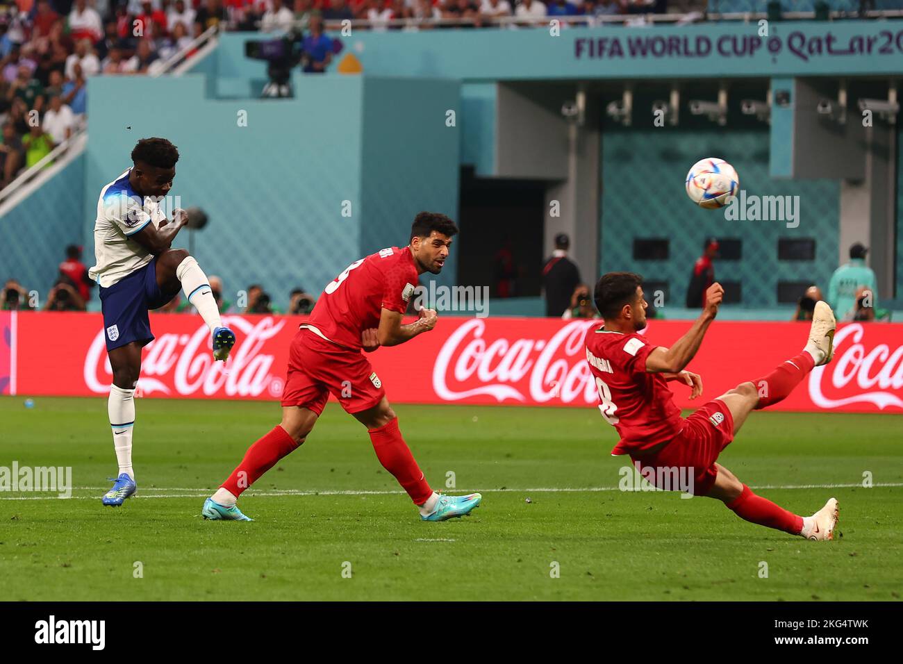 Doha, Qatar. 21st Nov, 2022. Bukayo Saka of England scores his side's ...