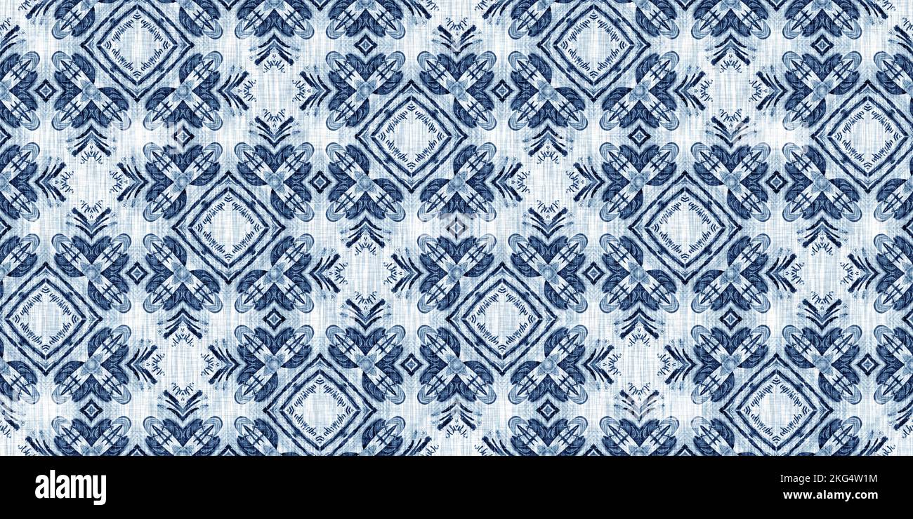 Indigo dye wash coastal damask seamless border pattern. Washed out ...