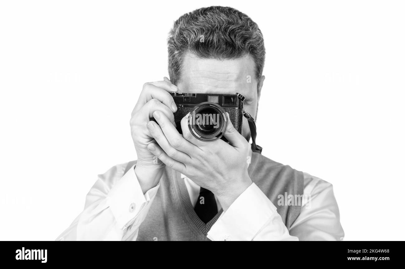 photographer with professional camera isolated on white, photoshoot ...