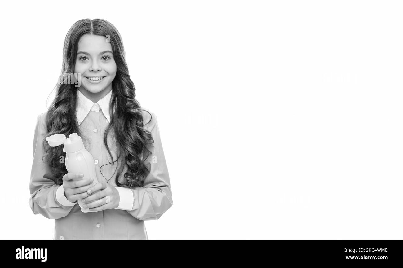 Hydration for health. Happy girl hold reusable bottle isolated on white ...