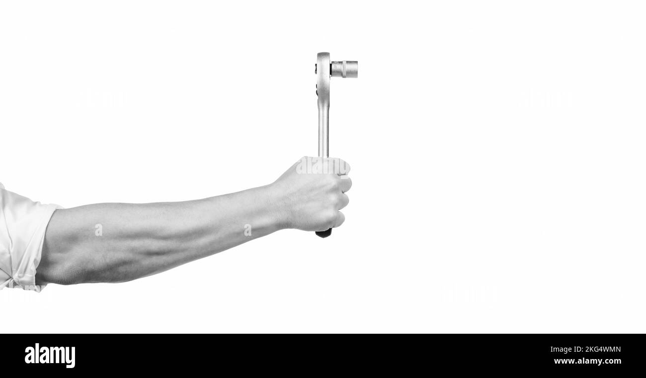 socket wrench repair tool in hand isolated on white, copy space ...