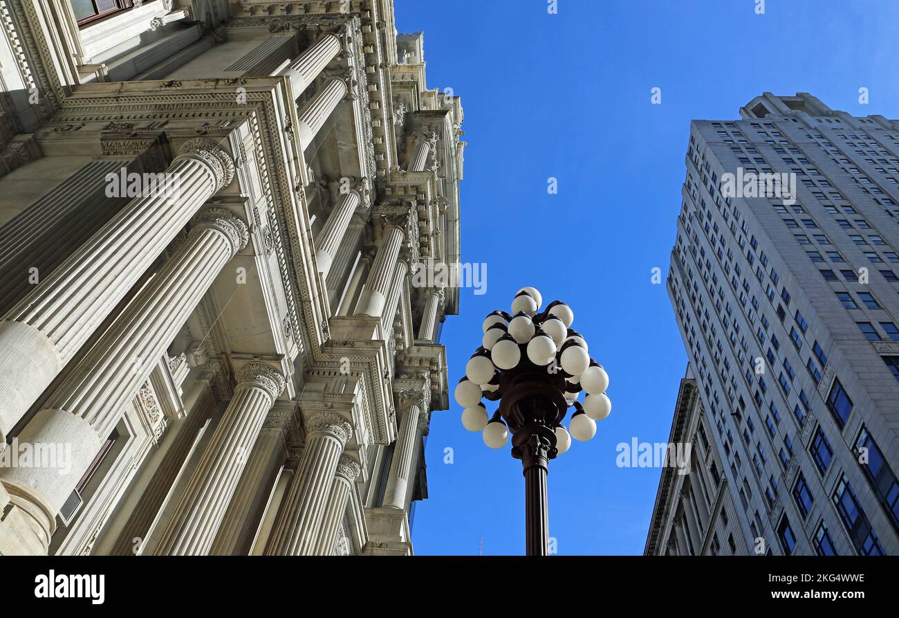 Street lantern between buildings - City Hall - Philadelphia Stock Photo ...