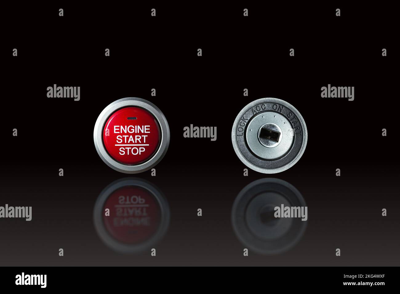 Modern engine start stop button and old style metal keyhole comparison ...