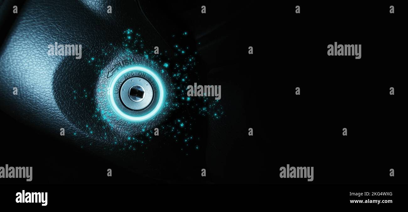 Car key hole for start ignition with a blue light glow and sparkle ...