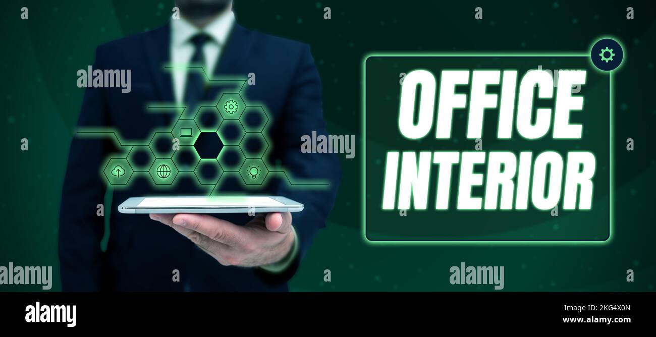 Text sign showing Office Interior. Concept meaning making indoor spaces ...
