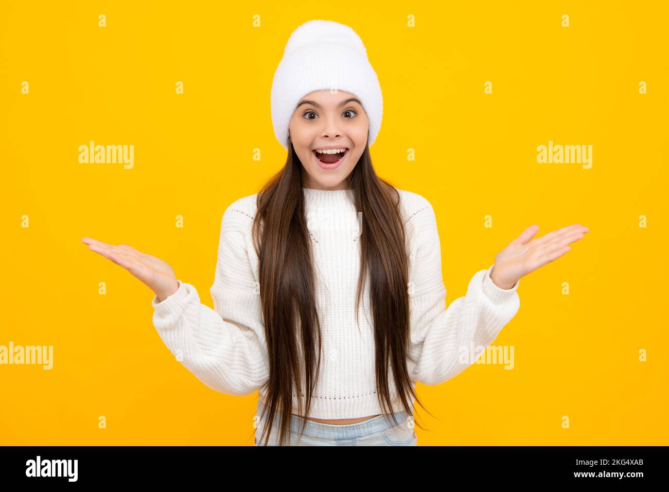 Portrait of joyful teen girl with raised hands. Caucasian teenager ...