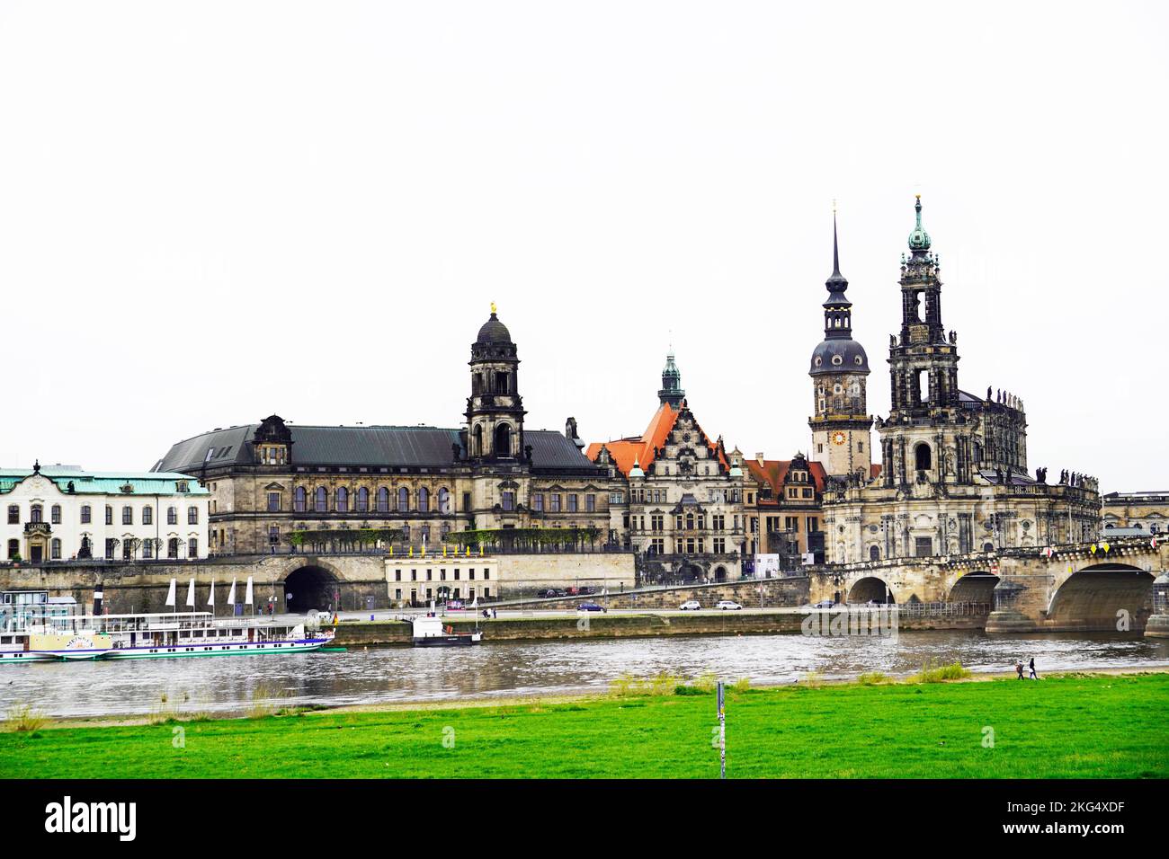 A beautiful view of Dresden castle from the banks of the Elbe in ...