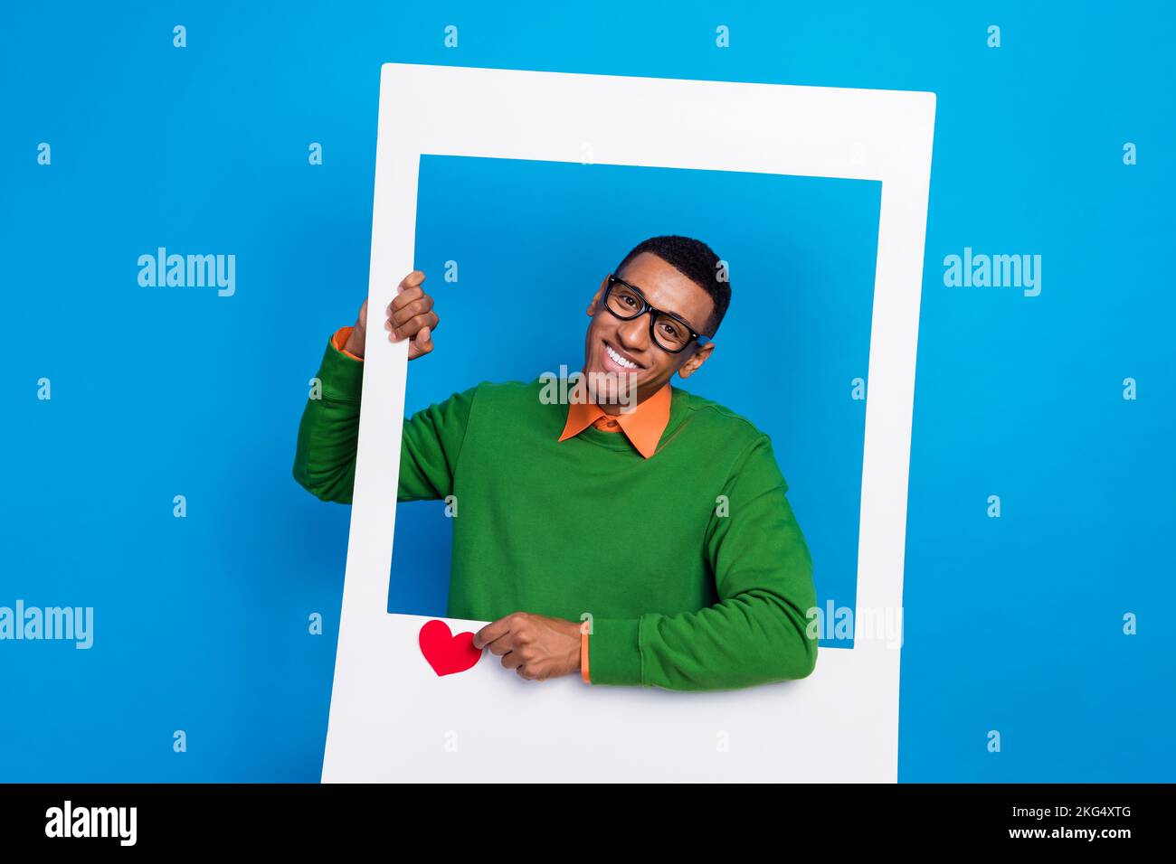 Closeup photo paper cadre frame of young positive successful influencer ...